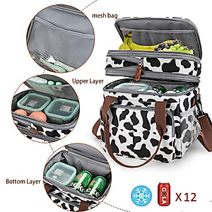 MOV COMPRA Lunch Bag for Women Men Double Deck Expandable Lunch Box,Large Lunch Bags,Leakproof Lunch Box Cooler Bag（Cow Print）