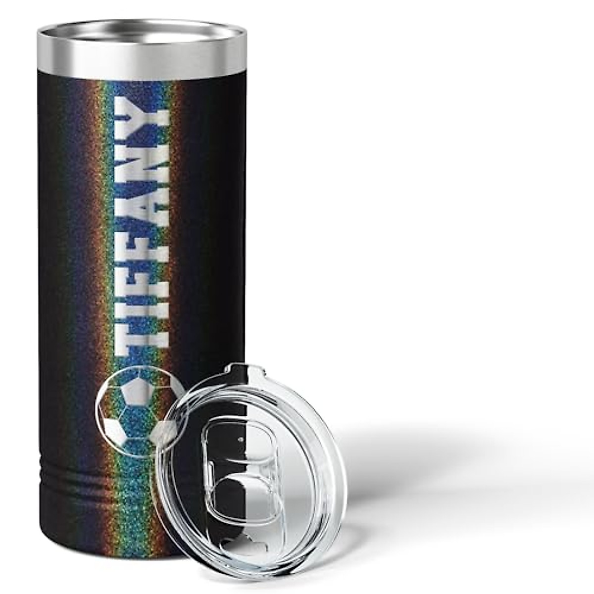 Personalized Soccer Ball Tumbler with Lid Laser Engraved on Black Glitter 22 oz Stainless Steel Insulated Cup Birthday Gift for Men, Women, Sports Lover
