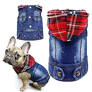 SILD Pet Clothes Dog Jeans Jacket Cool Blue Denim Coat Small Medium Dogs Lapel Vests Classic Hoodies Puppy Blue Vintage Washed Clothes (Plaid Hat,XS)