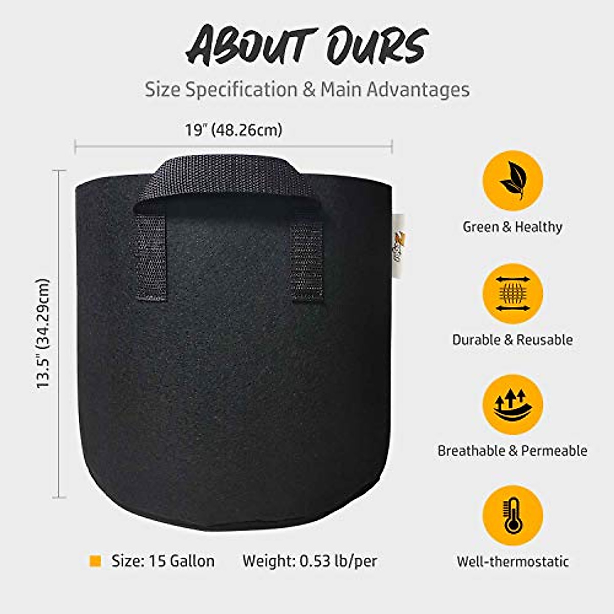 Zegos Grow Bags 15 Gallon 5 Packs Fabric Plant Pots with Heavy Duty Thickened Nonwoven Fabric and Handles for Indoor&Outdoor Garden Plants, Vegetable, Flowers, Potato (1 Pack Pruning Snips Included)