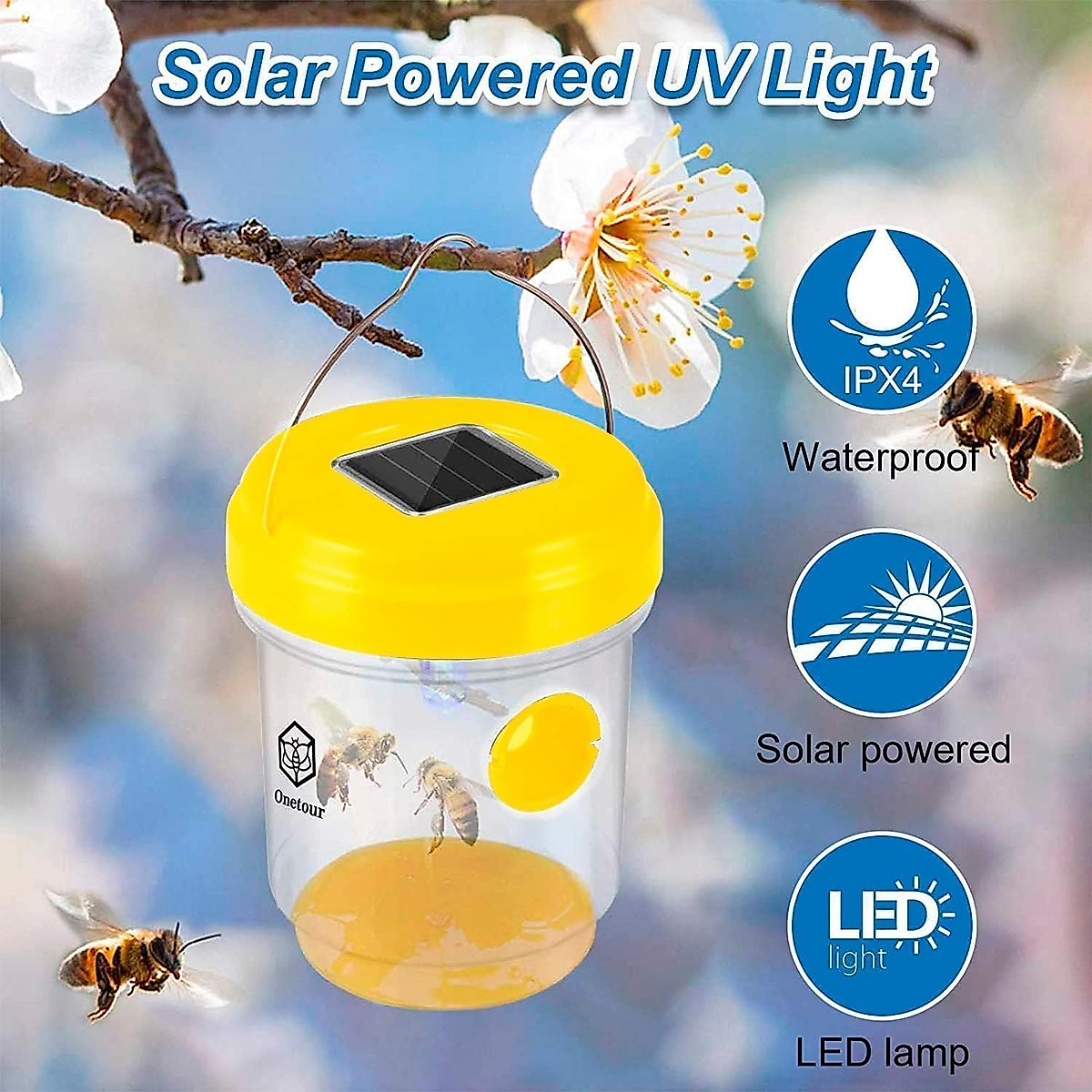 outtkitywi 2 Packs Wasp Trap - Solar Powered Bee Trap Outdoor for Yellow Jackets, Hornets and Wasps - Durable Wasp Killer and Bee Killer - Reusable Yellow Jacket Trap and Insect Trap