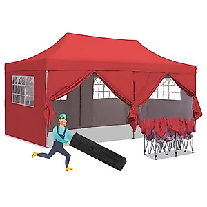 10x20 ft Instant Pop up Canopy, Wonlink Party Tent Folding Heavy Duty Gazebos with Removable Sidewalls and Wheeled Bag Waterproof Red