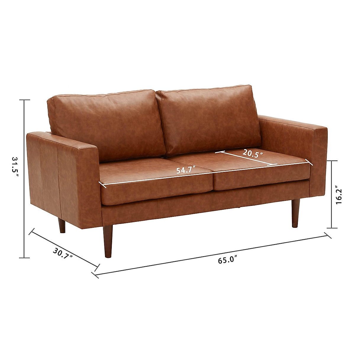 Kingfun 65" Loveseat Sofa, Faux Leather Love Seat Couch, Mid Century Modern Couch with Solid Wooden Frame for Living Room & Bedroom in Small Spaces, Brown