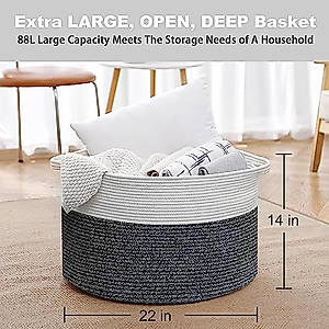 MEGASKET Extra Large Blanket Basket, 22" X 22" X 14" XXXL Blanket Storage Baskets for Living Room, Large Wicker Basket for Blankets, Woven Cotton Rope Basket, Throw Blankets Holder Organizer Bins