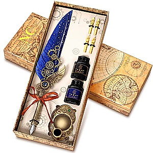 NC Feather Calligraphy Pen Set, Including 2 Bottles of Ink and 4 Replaceable Nibs, 1 Mechanical Quill Pen, 1 Pen Holder, Calligraphy Pen for Writing, Writing Letters, Signing Invitations Etc(Blue)