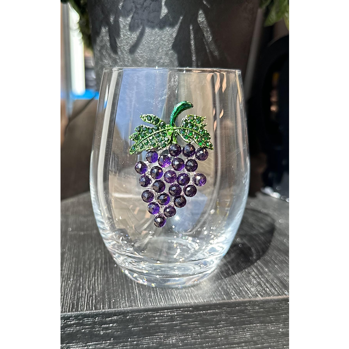 THE QUEENS' JEWELS Purple Grapes Jeweled Stemless Wine Glass, 21 oz. - Unique Gift for Women, Birthday, Cute, Fun, Not Painted, Decorated, Bling, Bedazzled, Rhinestone