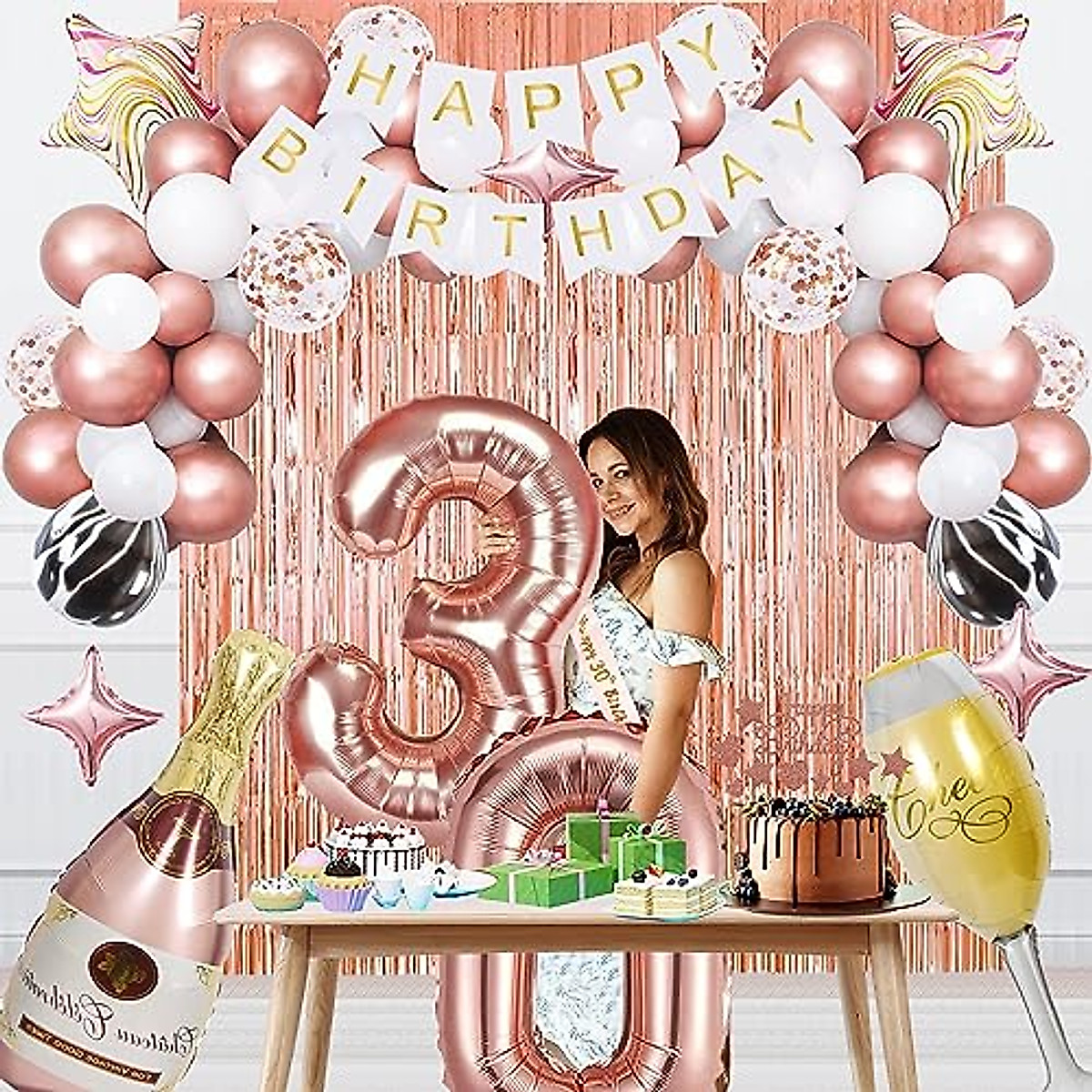 30th Birthday Decorations for Women - Rose Gold 30 Birthday Party Decoration for Her, Happy Birthday Banner, Balloon Arch ,Cake Topper, Foil Balloons and Sash for Girls Thirty Birthday Party Supplies