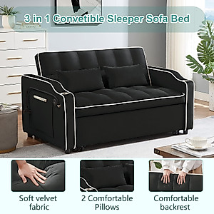 Lakifun Convertible Sleeper Sofa Bed, Modern Velvet Loveseat w/Pull Out Couch, 54.7" Loveseats Sofa w/Adjsutable Backrest, Cup Holders and USB Port, Swivel Phone Stand,Black