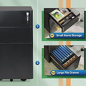 DEVAISE 3-Drawer Slim File Cabinet, Vertical Filing Cabinet, Fully Assembled Except Casters, Black