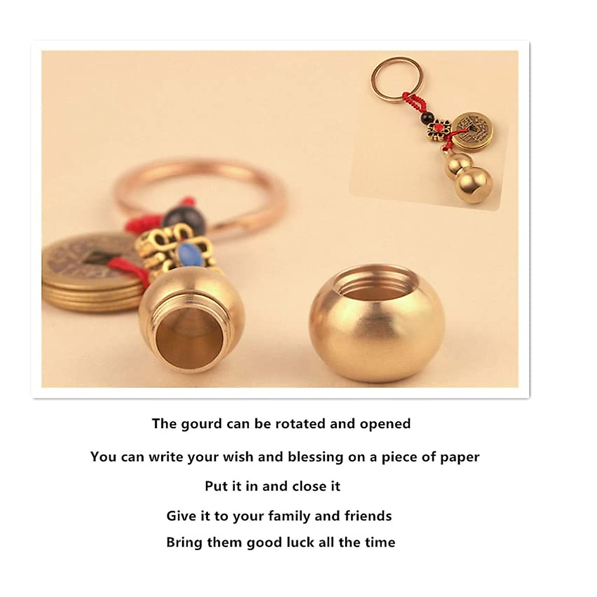 3 Pieces Gourd Brass Keychains,Feng Shui Luck Coins with Brass Calabash Wu Lou Key Ring for Good Luck , Wealth Success & Longevity , Blessing Paper in it, Gold, 2x2x4 inches