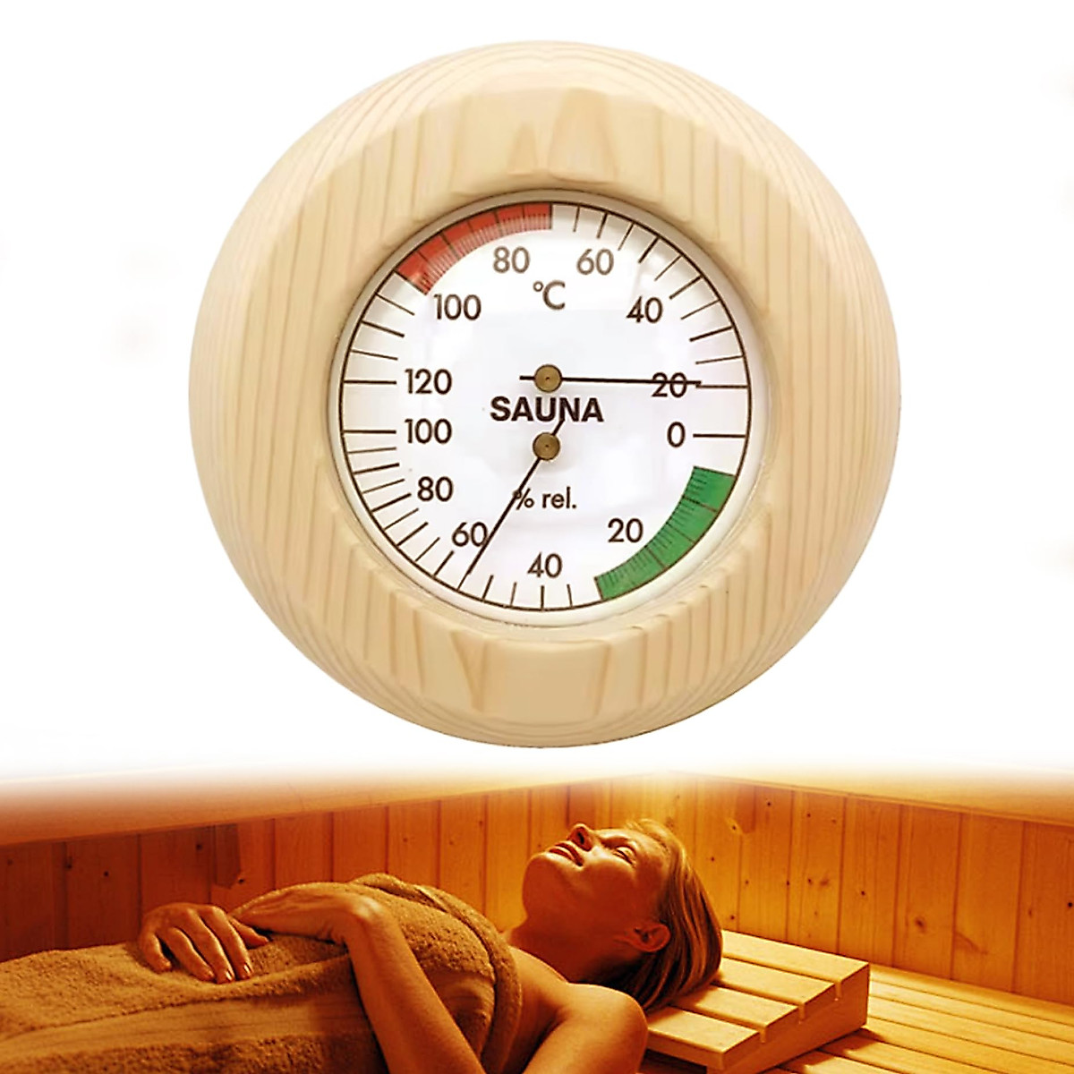 Sauna Thermometer Wood Room Thermometer Indoor, 2-in-1 Thermometer and Hygrometer, Round Indoor Thermometer with Precision Scale Sauna Accessories for Steam Room Sauna Room, Indoor Thermometer