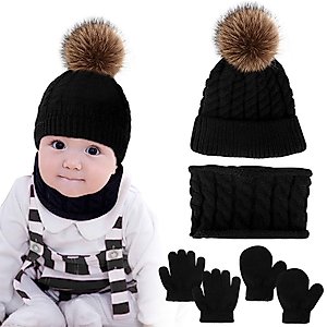 Hicdaw 6PCS Toddler Baby Winter Hat Scarf Kids Warm Knitted Hat for Beanie Scarf Gloves Set Gift for Kid Black