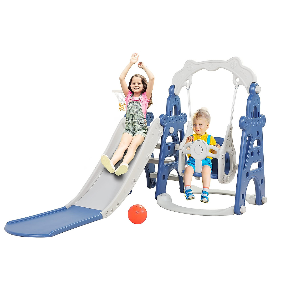3-in-1 Kids Slide for Toddlers Age 1-3 Slide and Swing Set,Indoor Playground for Children,Freestanding Outdoor Slides with Basketball Hoop,Outside Climber Playhouses,Baby Climbing Toys Blue