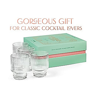 GLASSIQUE CADEAU Vintage Art Deco Ribbed Lowball Cocktail Glasses | Set of 4 | 12 oz Crystal Double Old Fashioned Tumblers for Drinking Classic Whiskey, Gin, Vodka Bar Drinks | Round Glassware