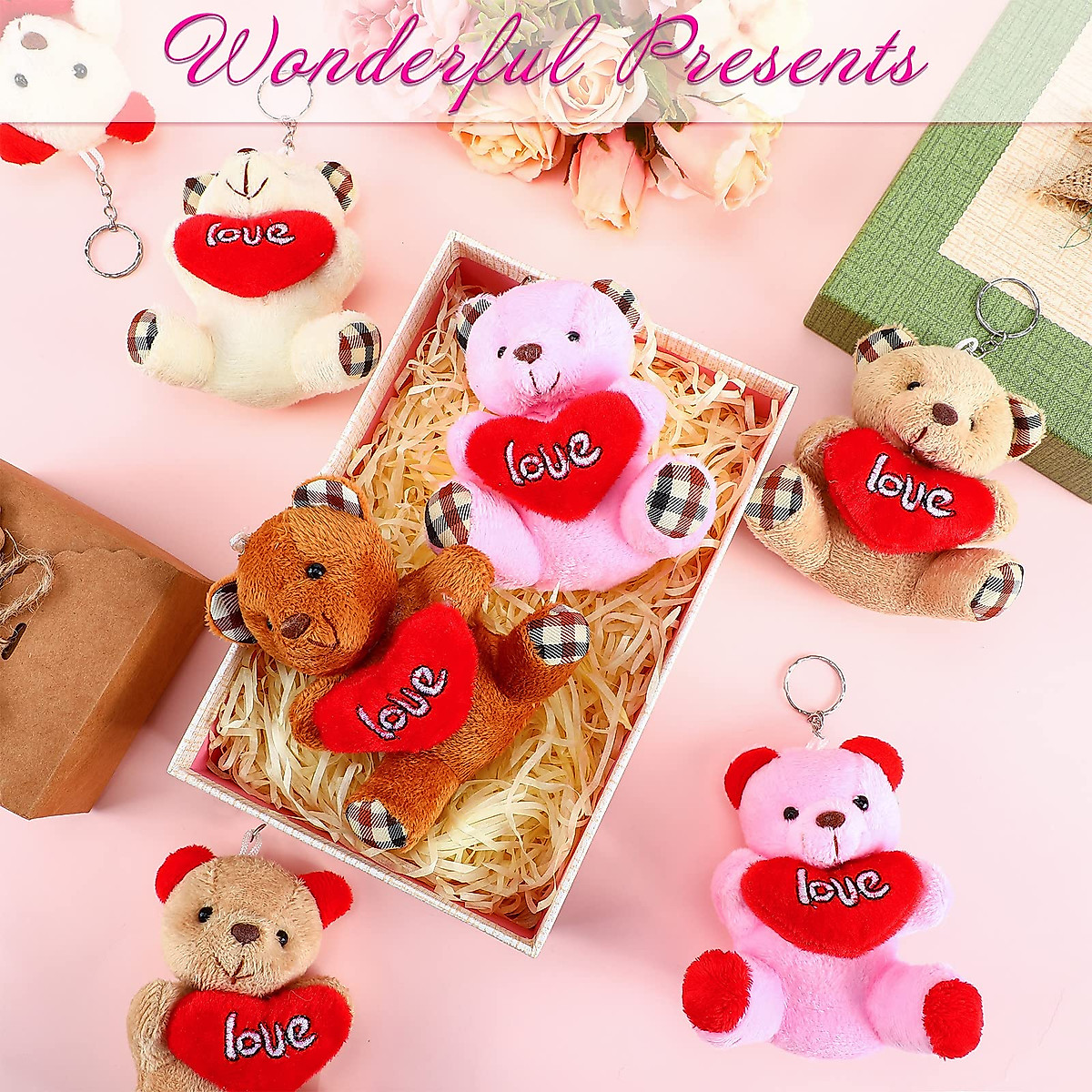 Chivao 16 Pieces Heart Bear 3.5 Inch Plush Bear Toy Stuffed Mini Bear with Heart I Love You Bear Stuffed Animals Bears for Valentine's Gift Keychain Wedding Birthday Party