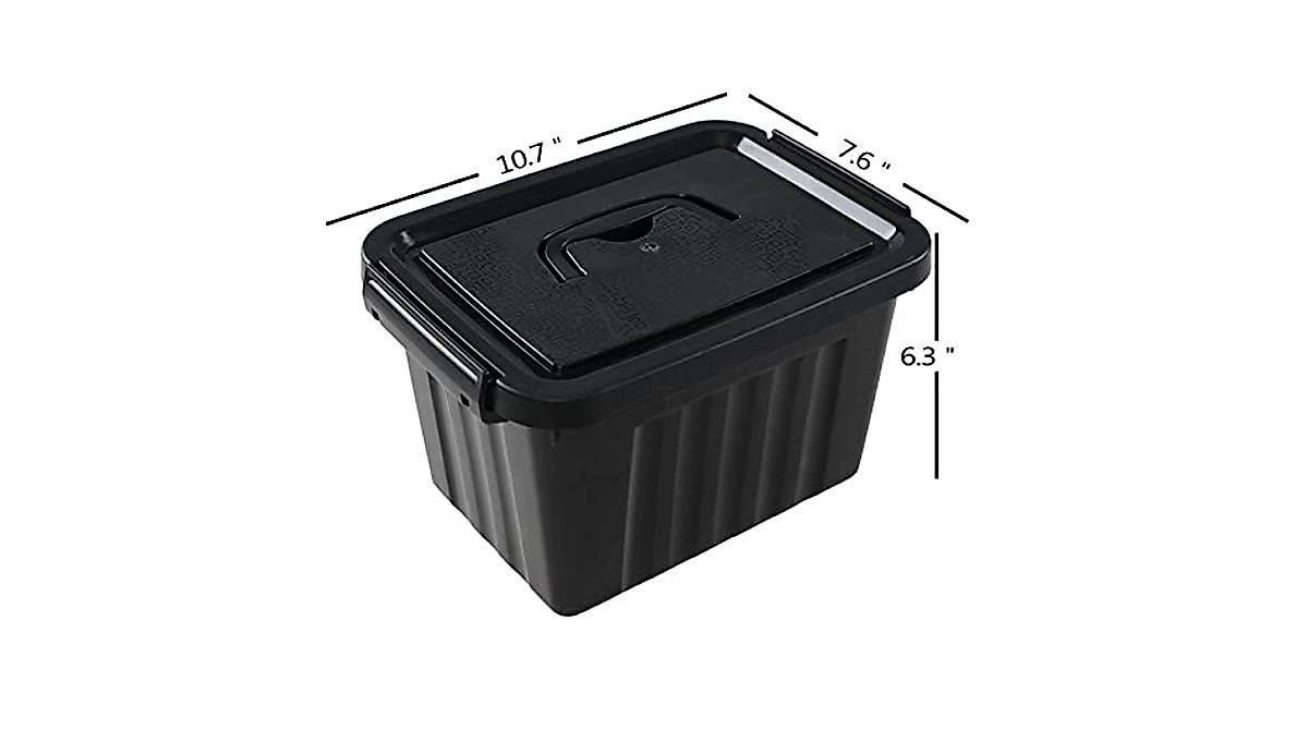 Leendines 6L Plastic Storage Boxes - Stackable Black Bins with Lids