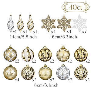 Valery Madelyn Hanging Ornament, 40ct White and Gold Shatterproof Christmas Ball Ornaments, Plastic, for Christmas Trees
