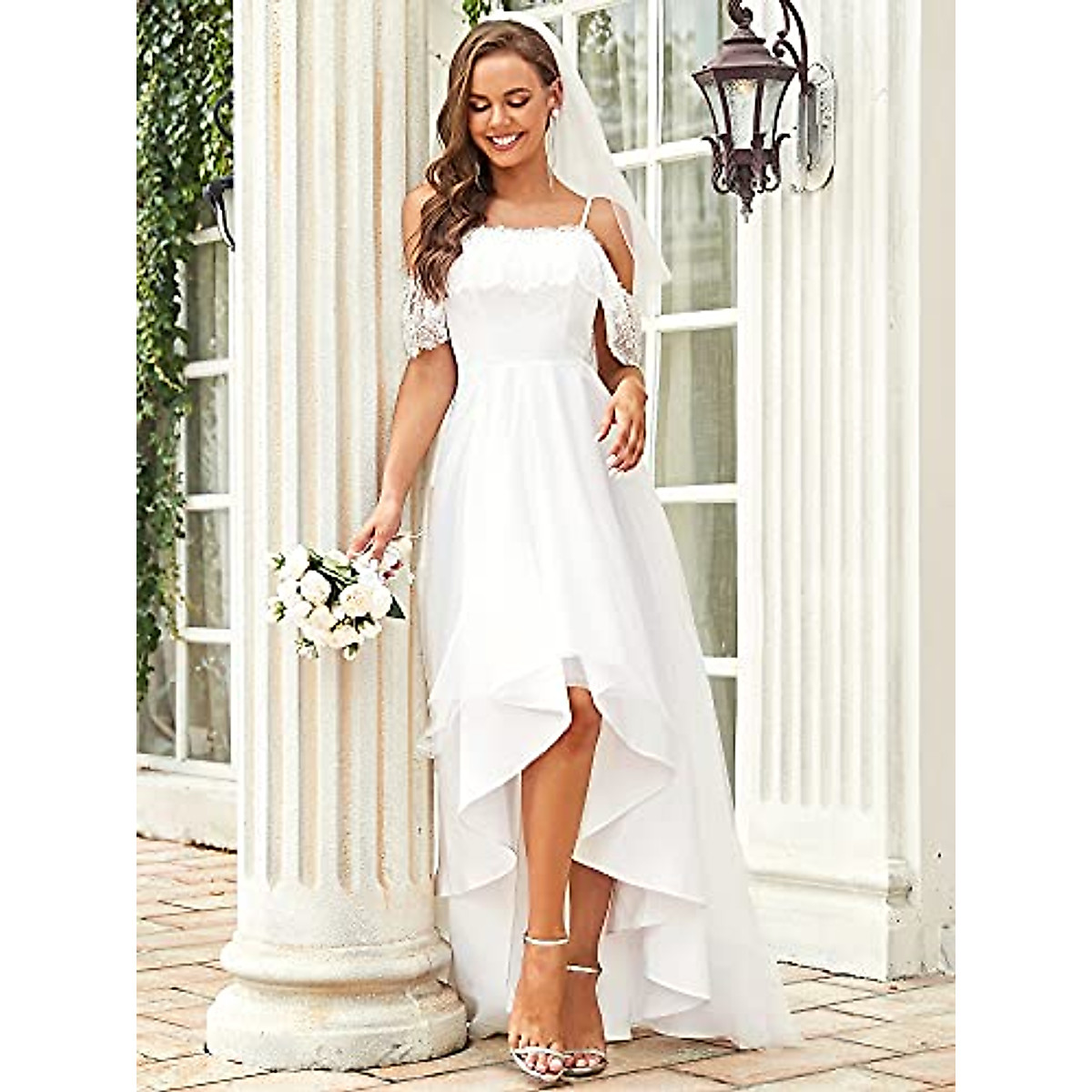 Ever-Pretty Womens Lace Spaghetti Straps Off Shoulder High Low Floor Length Wedding Dress for Bride White US12