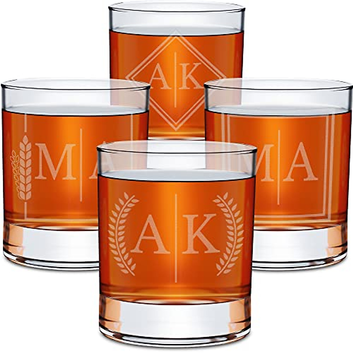 On The Rox Drinks Personalized Whiskey Gifts for Men - 11 oz Engraved Split Monogrammed Whiskey Glass Set of 4 - Customized Cocktail Glass - Bourbon, Scotch, Rocks, Brandy