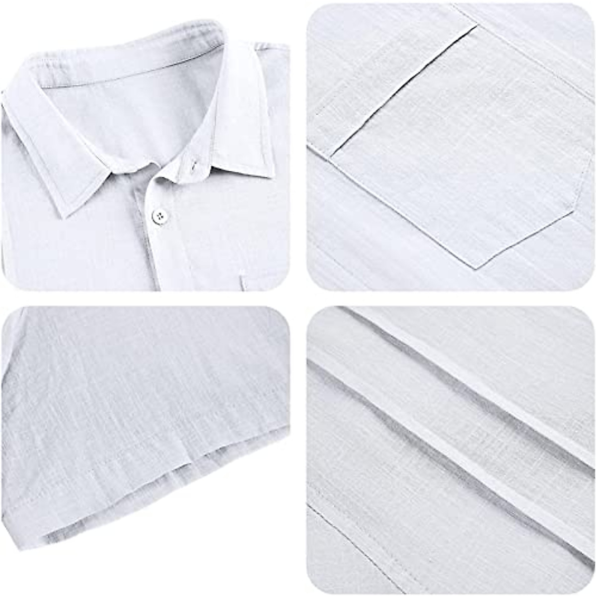 Men Cotton Linen Button Down Shirts Short Sleeve Summer Beach Tops Lightweight Casual V Neck Plain Holiday Shirt (White,Large)
