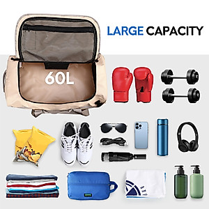 Haimont Large Sports Duffel Backpack Bag for Men, Travel Duffel Bags with Backpack Straps, Heavy Duty and Water Resistant, Beige,60L