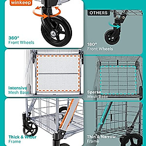 Shopping Cart, Jumbo Double Basket Grocery Cart 340 lbs Capacity Folding Shopping Cart with 360° Rolling Swivel Wheels Super Loading Utility Shopping Cart for Laundry, Shopping, Grocery, Luggage