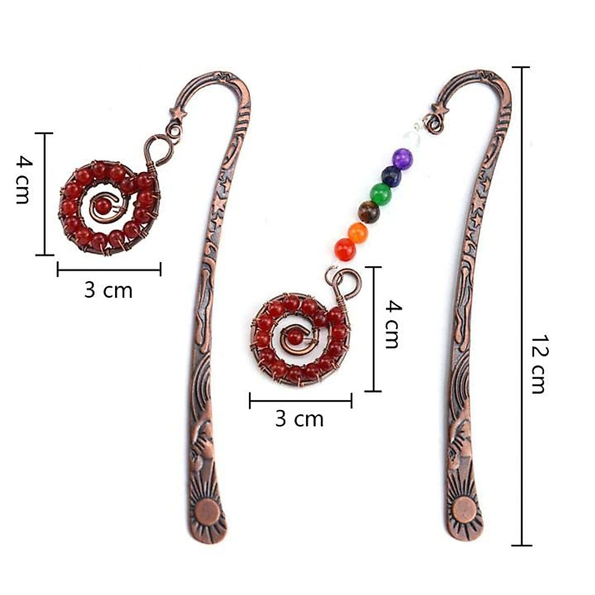 2 Pieces Vintage Style Chakra Bookmark Red Agate Antique Bronze Beading Pendant Bookmark Metal Bookmark