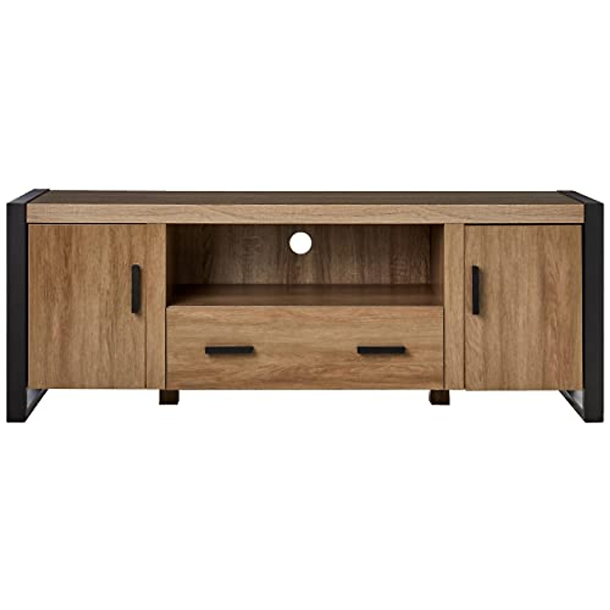 Walker Edison Industrial Modern Wood Universal TV Stand with Cabinet Doors and Open Shelves for TV's up to 64" Flat Screen Living Room Storage Entertainment Center, 60 Inch, Driftwood