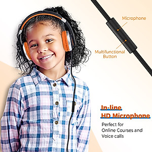rockpapa HS20 Wired Kids Headphones for School, Foldable Lightweight Boy Girl Headphones with Microphone & 3.5mm Jack for 3-15 Year Old for Airplane Tablet Phones Black Orange