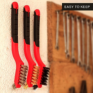 Lavaxon Wire Brush Set 3Pcs - Nylon/Brass/Stainless Steel Bristles with Curved Handle Grip for Rust, Dirt & Paint Scrubbing with Deep Cleaning – 7 Inches (Red)