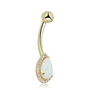 AVORA 10K Yellow Gold Pear-shaped Simulated Opal with Simulated Diamond CZ Halo Belly Button Ring Body Jewelry (14 Gauge) - Size 0