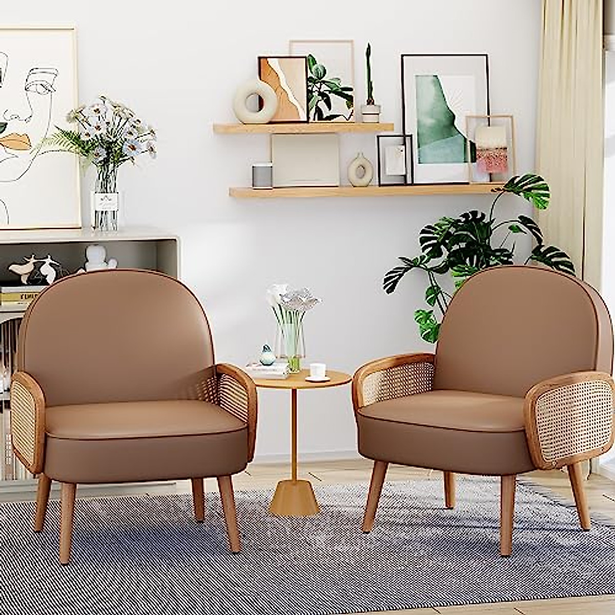 Aklaus Mid Century Modern Accent Chair Armchair with Rattan Arms Upholstered Rattan Boho Accent Chair for Living Room Bedroom Balcony Faux Leather Reading Chairs Side Club Chair Brown