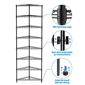 pouseayar 8-Tier NSF Metal Corner Shelf Wire Shelving Unit - 400lbs Capacity, Adjustable, with Leveling feet - Ideal for Garage, Kitchen, and More - 20" L x 20" D x 82" H - Triangle-Shape - Black