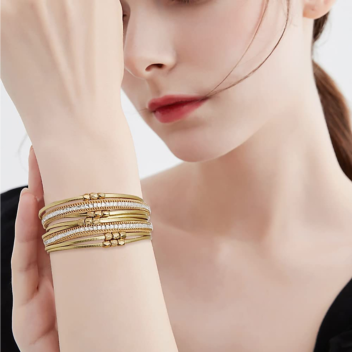 Wovanoo Leather Wrap Bracelets for Women Multi-layer Handmade Wristband Braided Rope Cuff Bangle Gift for Birthday, Monther's Day, Valentine's Day Crystal Gold