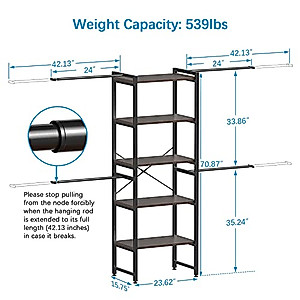 Timate P6i Heavy Duty Garment Rack Clothes Rack Adjustable Walk in Closet Organizer System Wall Mounted Closet Organizer Kit Expandable Hanging Rod 5-Tier Closet Storage Shelves, Fit 6-9ft Space Black