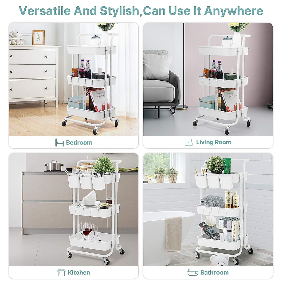 LEZIOA 3 Tier Rolling Cart, Ajustable Art Craft Cart Organizer on Wheels, Metal Utility Storage Cart with Handle for Kitchen Bathroom, Mobile Multifunctional Salon Trolley Makeup Cart, Easy Assembly