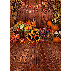 OUYIDA 5X7FT Fall Thanksgiving Wooden Floor Barn Autumn Pumpkins Maple Leaves Sunflower Baby Portrait Party Halloween Decoration Vinyl Photography Backdrop Photo Booth Background Studio Prop TP295
