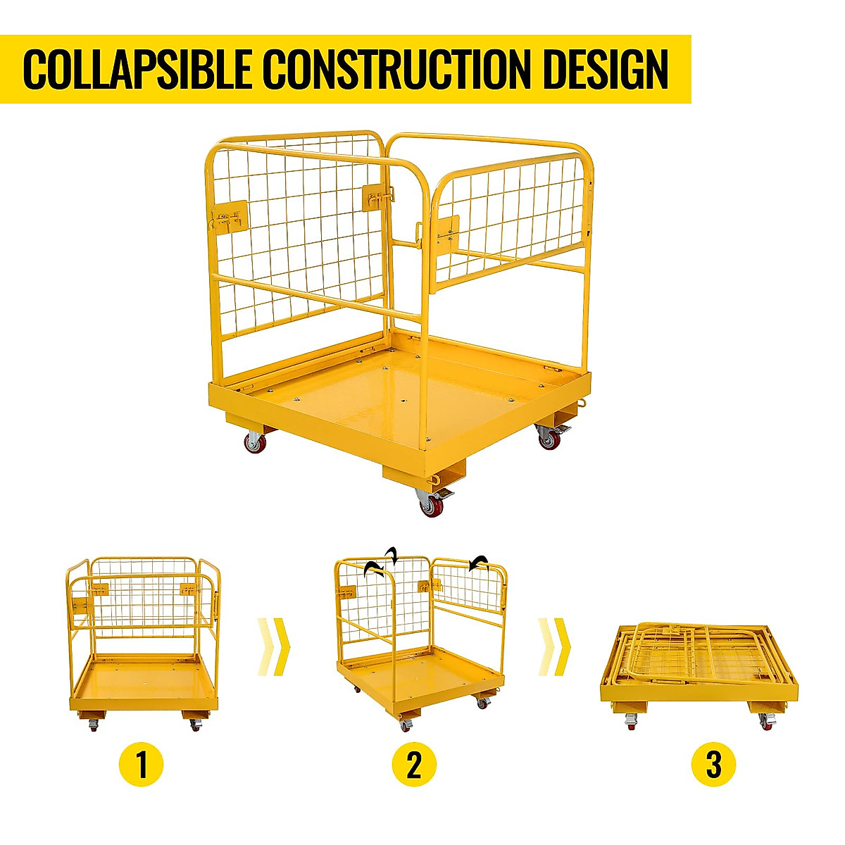 KODOM Forklift Safety Cage 36''x36'', Forklift Work Platform 1200LBS Capacity with 4 Universal Swivel Wheels, Collapsible Lift Basket Aerial Rails Aerial Platform