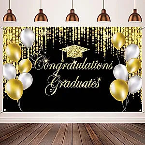 Black Gold Congrats Grad Banner Backdrop for Class of 2022 Party Decorations Supplies Graduation Photo Background Indoor Outdoor Party Backdrop Banner