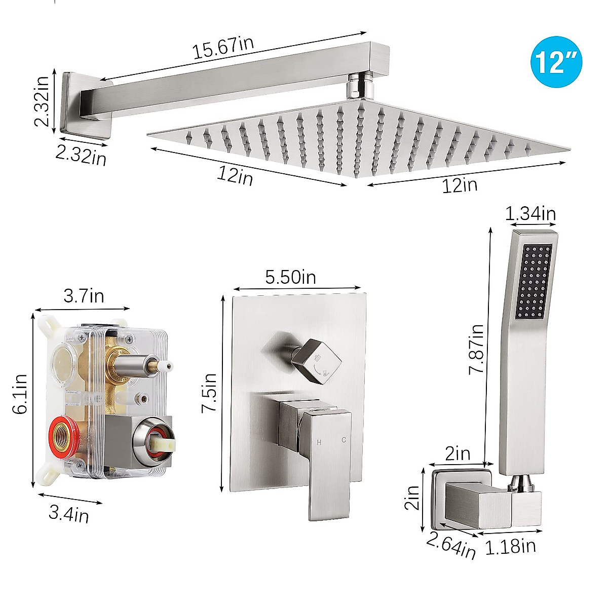 Qomolangma 12 inch Rain Shower System, Bathroom Shower Faucet Set with Pressure Balance Valve, Wall Mounted 2-Functions Shower Systems with Rain Shower and Handheld Spray Shower Trim Included