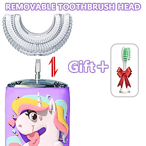 Tikmos Kids Electric Toothbrush, U Shaped Ultrasonic Automatic Toothbrushes Unicorn Design with Six Modes Smart Timer Replacement Brush IPX7 Waterproof Auto Toothbrush for Toddler 360 Oral Cleaning