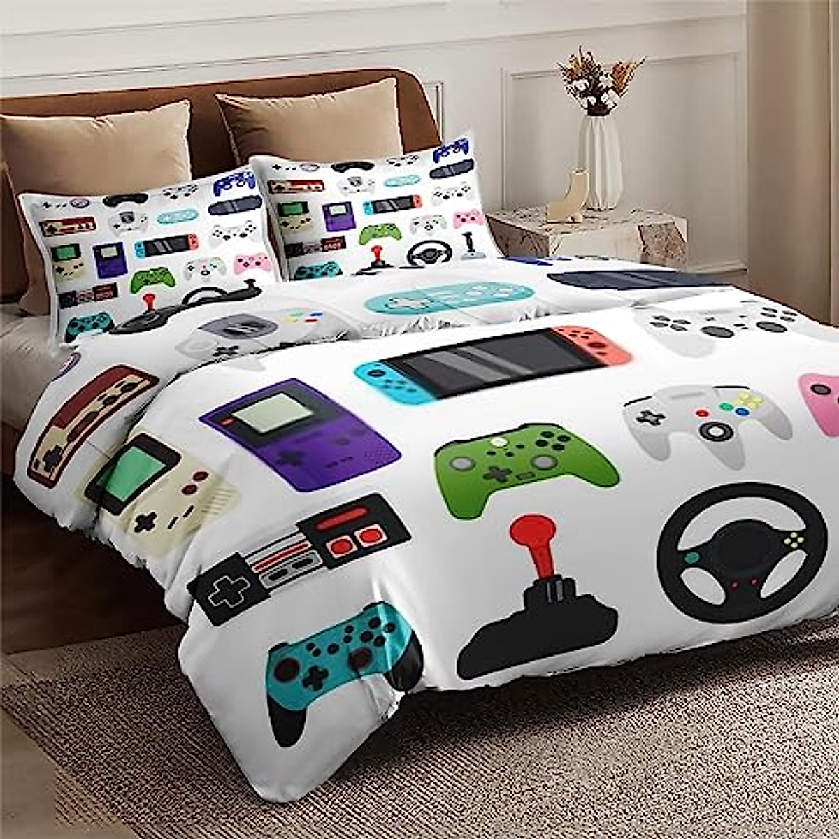 Duvet Cover Twin Size, Game Gaming Retro Wireless Bedding Set with Zipper Closure for Kids and Adults, Wheel Gamepad Steering Comforter Cover with Pillow Sham for Bedroom Bed Decor