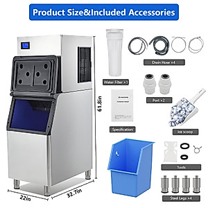 Commercial Ice Maker 350Lbs/24H, 1000W Stainless Steel Ice Machine with 310Lbs Ice Storage Bin, Free-Standing Ice Maker with LCD Panel Auto Operation, Industrial Ice Machine for Business