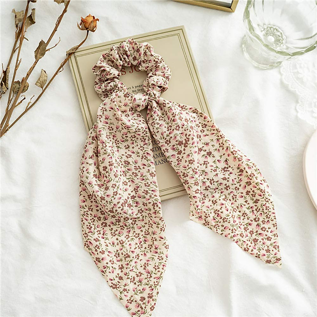Chiffon Floral Hair Scarf with Ribbon Bows for Women and Girls - 5 Pcs Scrunchies with Ponytail Holders