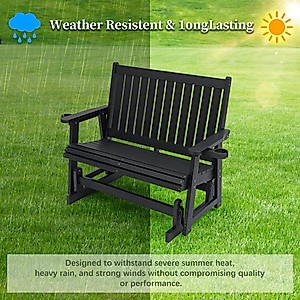 Poly Lumber Patio Glider Two Seat with Cup Holders, Durable HIPS Material, All-Weather Resistant, High Backrest and Deep Contoured Seat, Heavy Duty 900 LB, for Outdoor, Porch, Patio (Carbon Black)