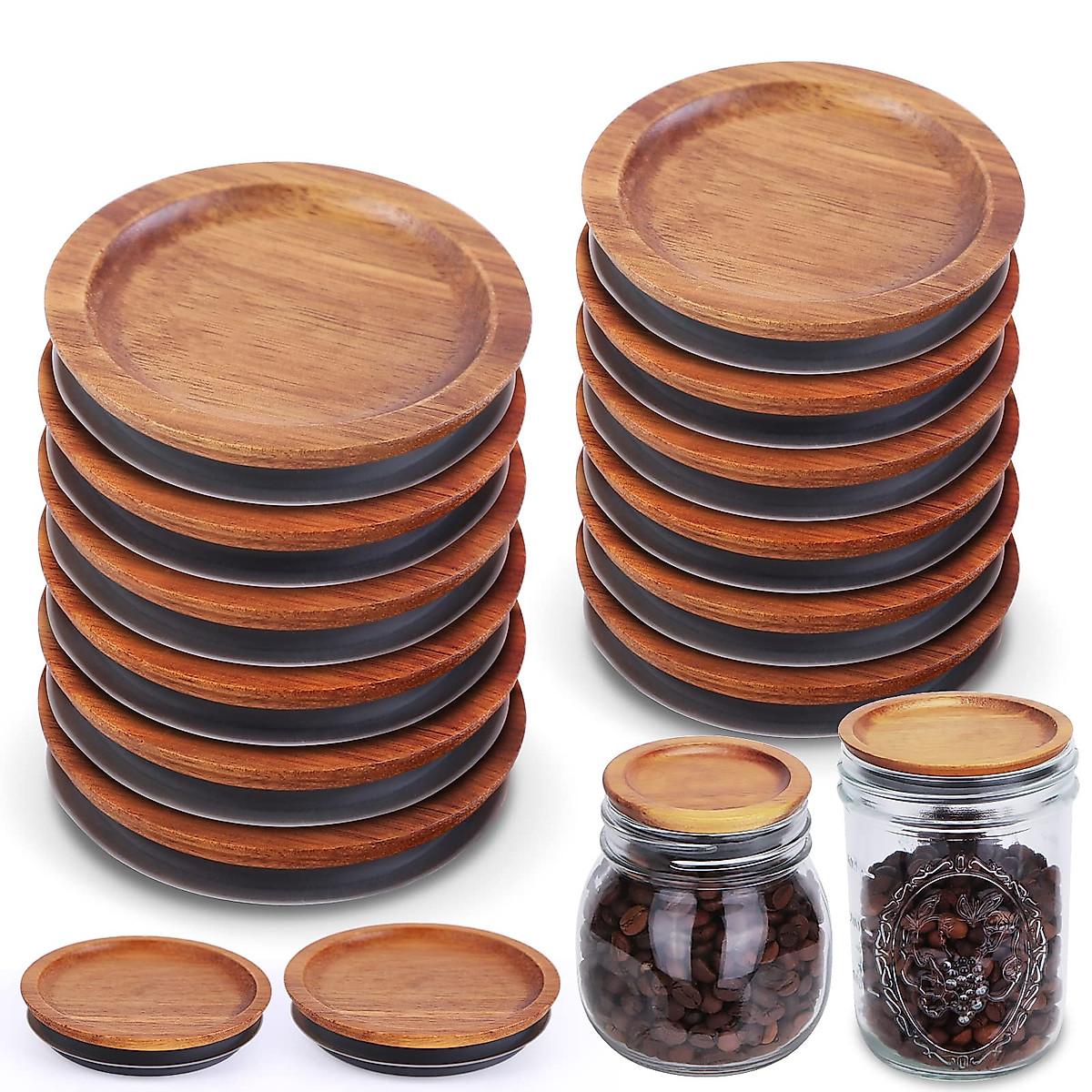 6Pack Regular Mouth and 6Pack Wide Mouth Mason Jar Lids Acacia Wooden Storage Canning Jar Lids Ball Jars Bamboo Wooden Lids with Airtight Silicone Seal, Brown
