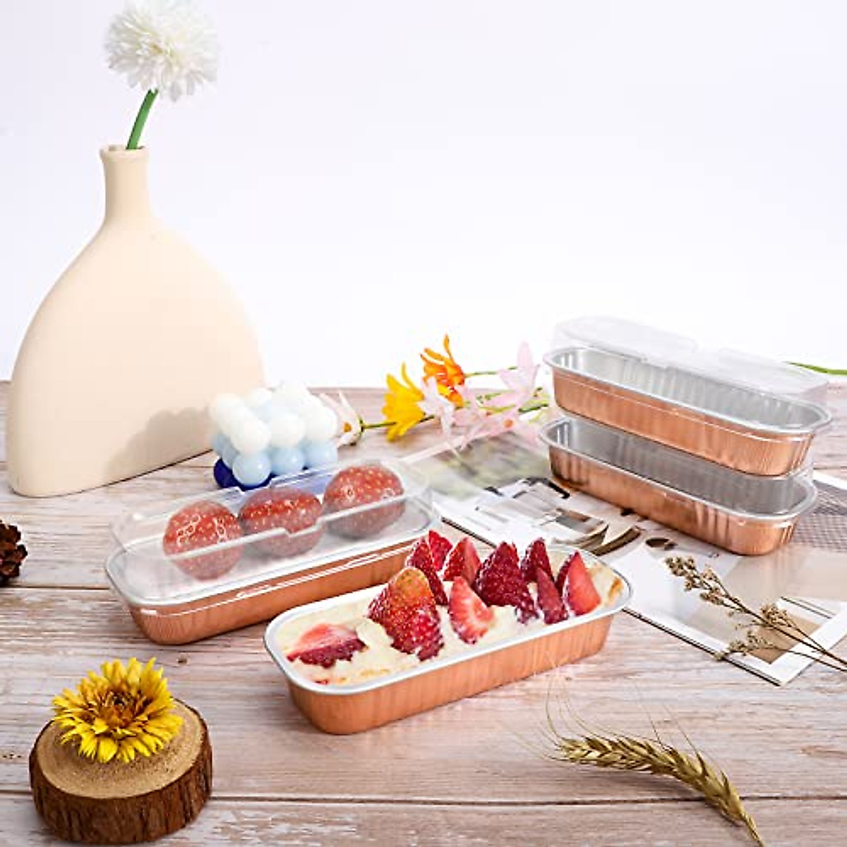 Suice Disposable Mini Cake Pans with Lids 6.5"x2.5"x1.2", 25pcs Aluminum Baking Cups Small Cupcake Pans 6.8Oz, Individual Dessert Pans Rose Gold Disposable Ramekins for Cheesecake, Creme Brule,Cupcake