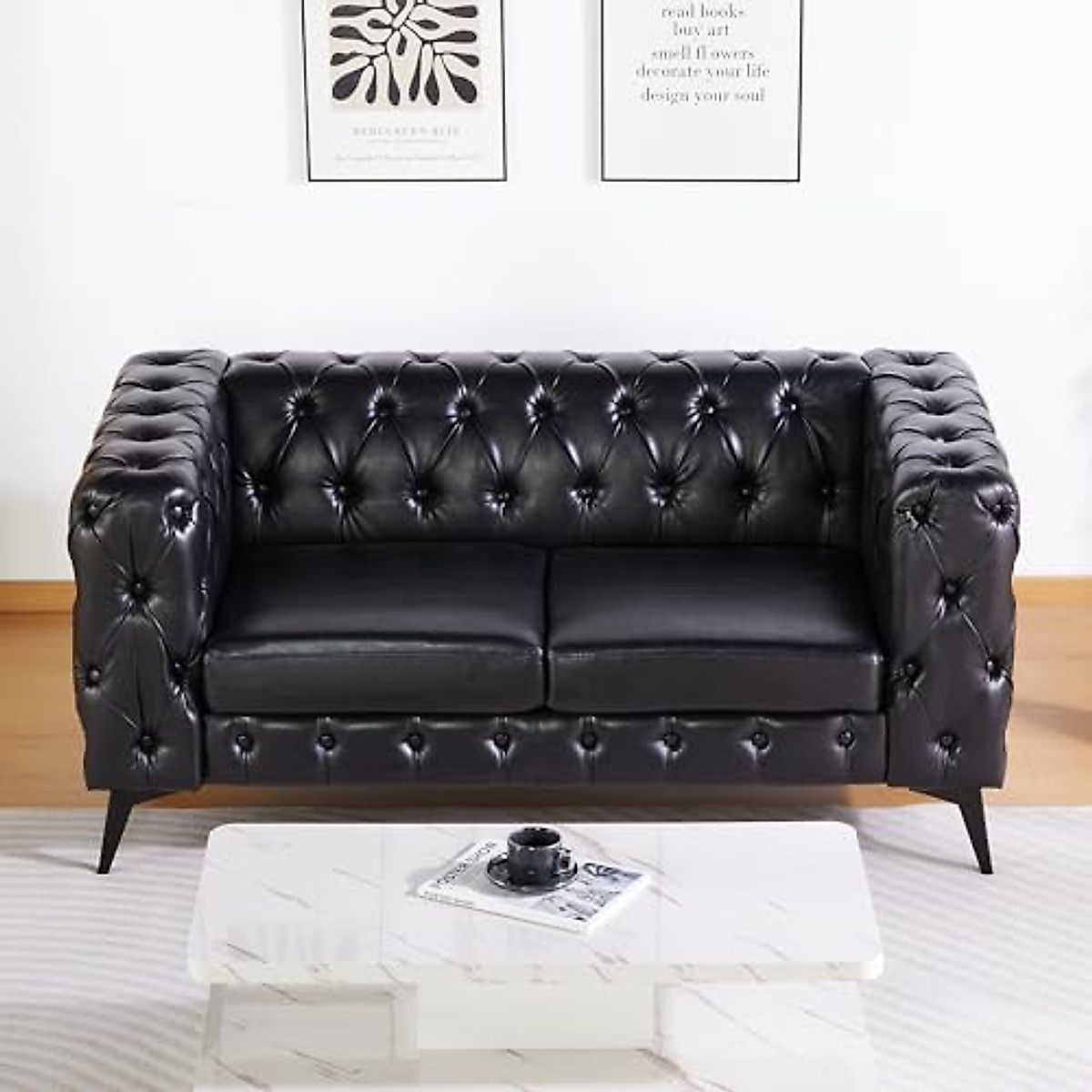 Chesterfield Loveseat, Modern Faux Leather Button Tufted Accent Sofa Couch with Square Arms and Metal Legs for Living Room, Bedroom, Office, Apartment (Black)