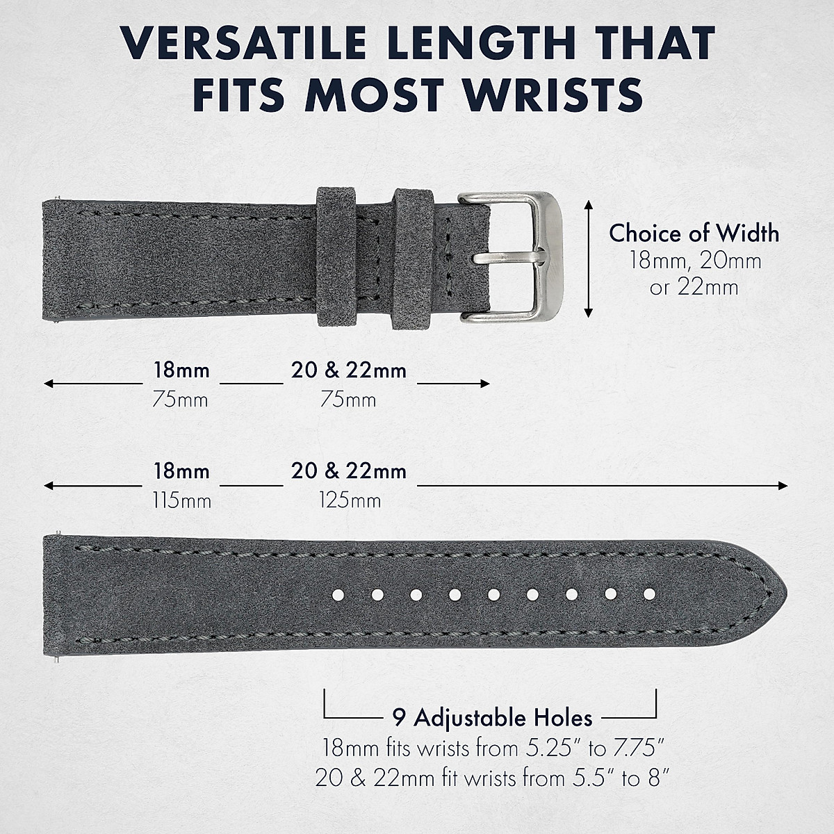 Benchmark Suede 20mm Leather Watch Band – 20mm Quick Release Watch Band with Stainless-Steel Buckle & 9 Adjustable Holes – Grey Leather Watch Bands for Men & Women (20mm, Grey)