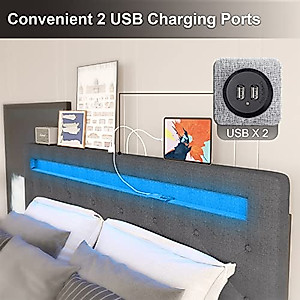 HOMFAMILIA Queen Bed Frame with Headboard and Drawers, LED Bed Frame with Adjustable Storage & LED Lights Headboard, Upholstered Platform Bed with 2 USB Ports, No Box Spring Needed, Dark Grey